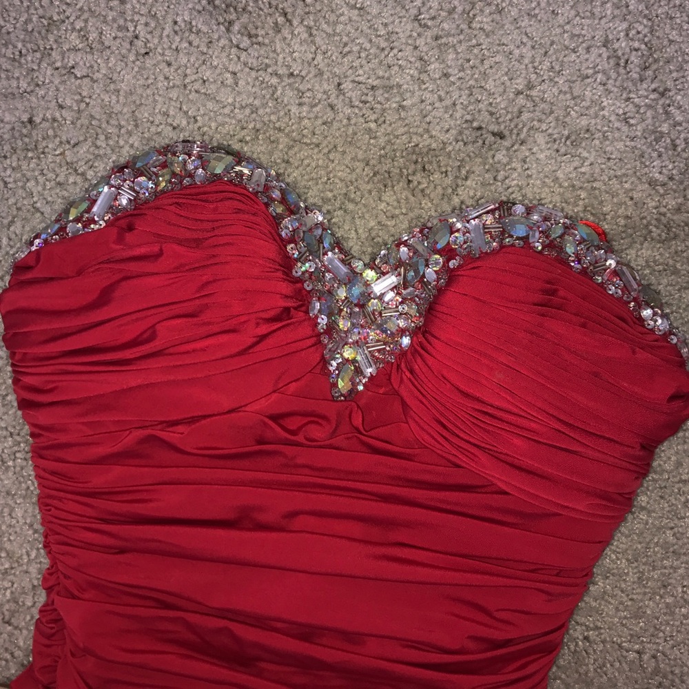 Red Strapless Beaded Crystal Prom Dress - Gem